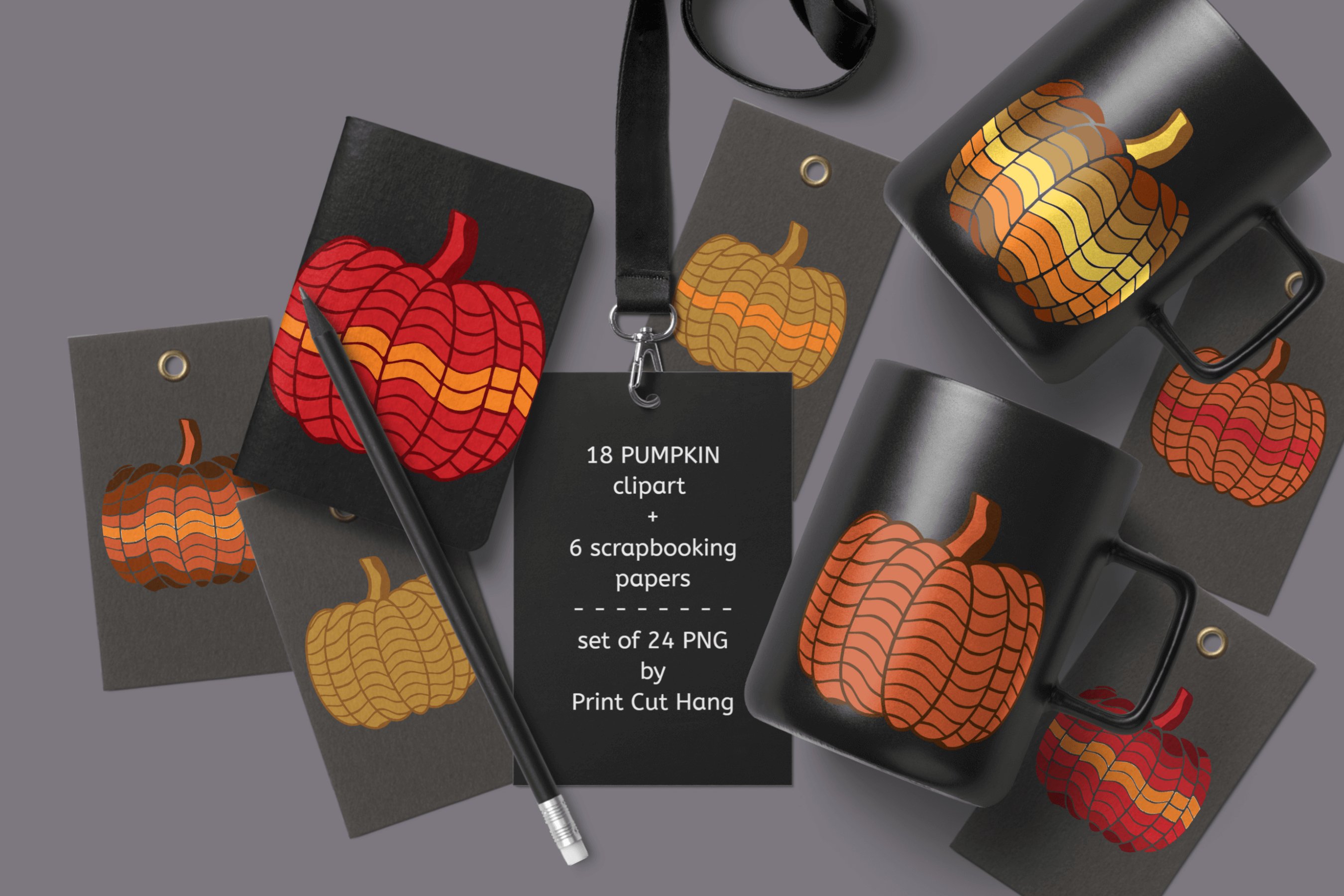 Pumpkins Clipart & Scrapbooking Papers Set of 24 PNG Files