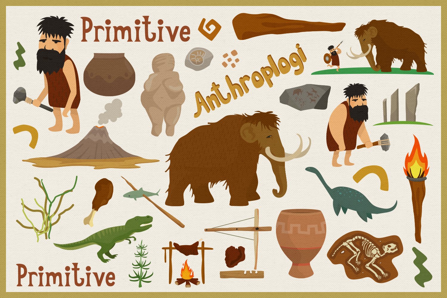 Human Prehistory Vector Clipart and Seamless Pattern