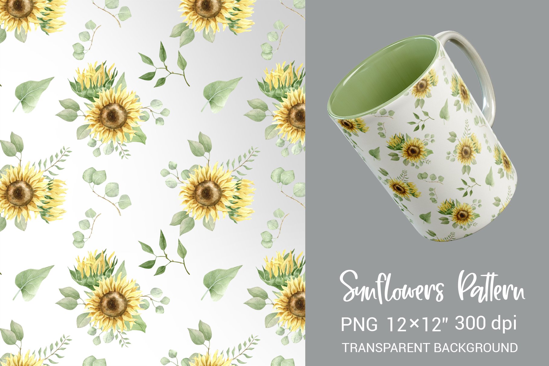 Watercolor Digital Paper With Sunflowers and Greens (744419) | Patterns ...