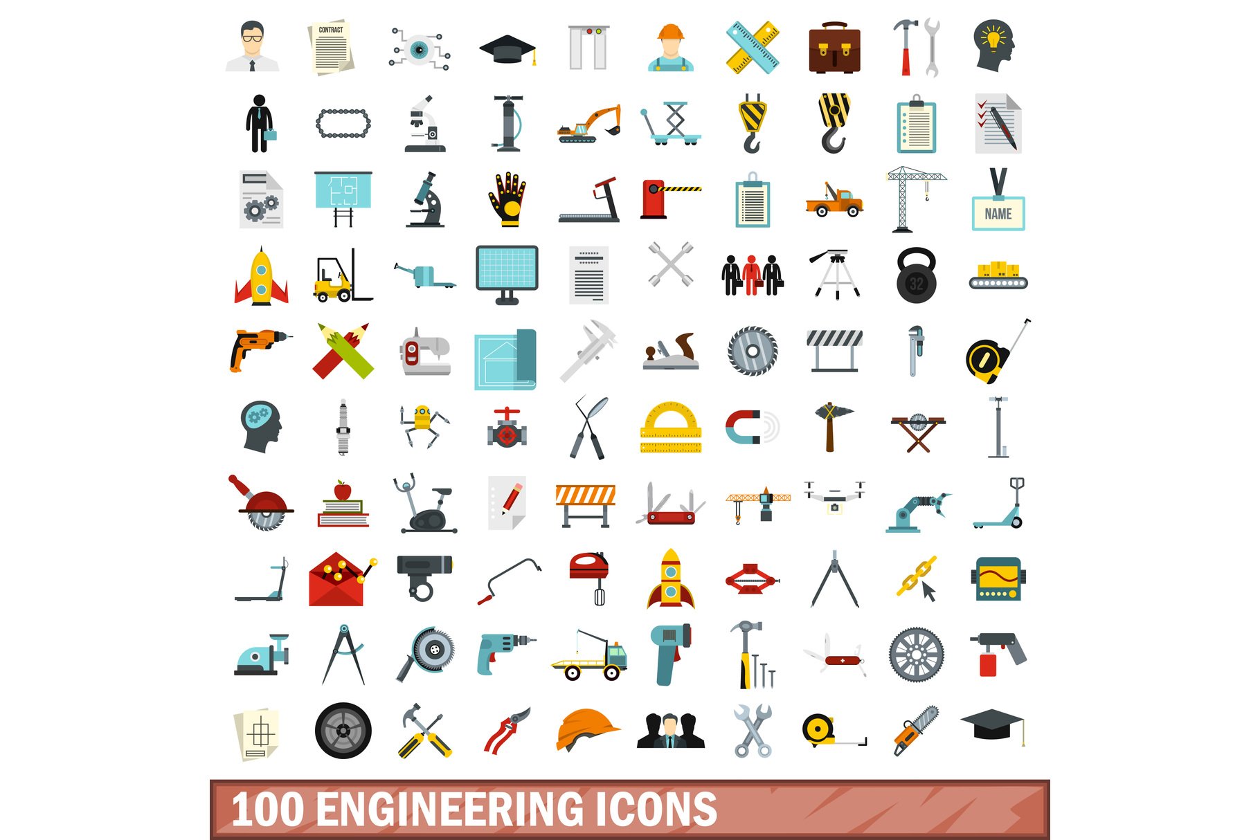 100 engineering icons set, flat style (310834) | Icons | Design Bundles