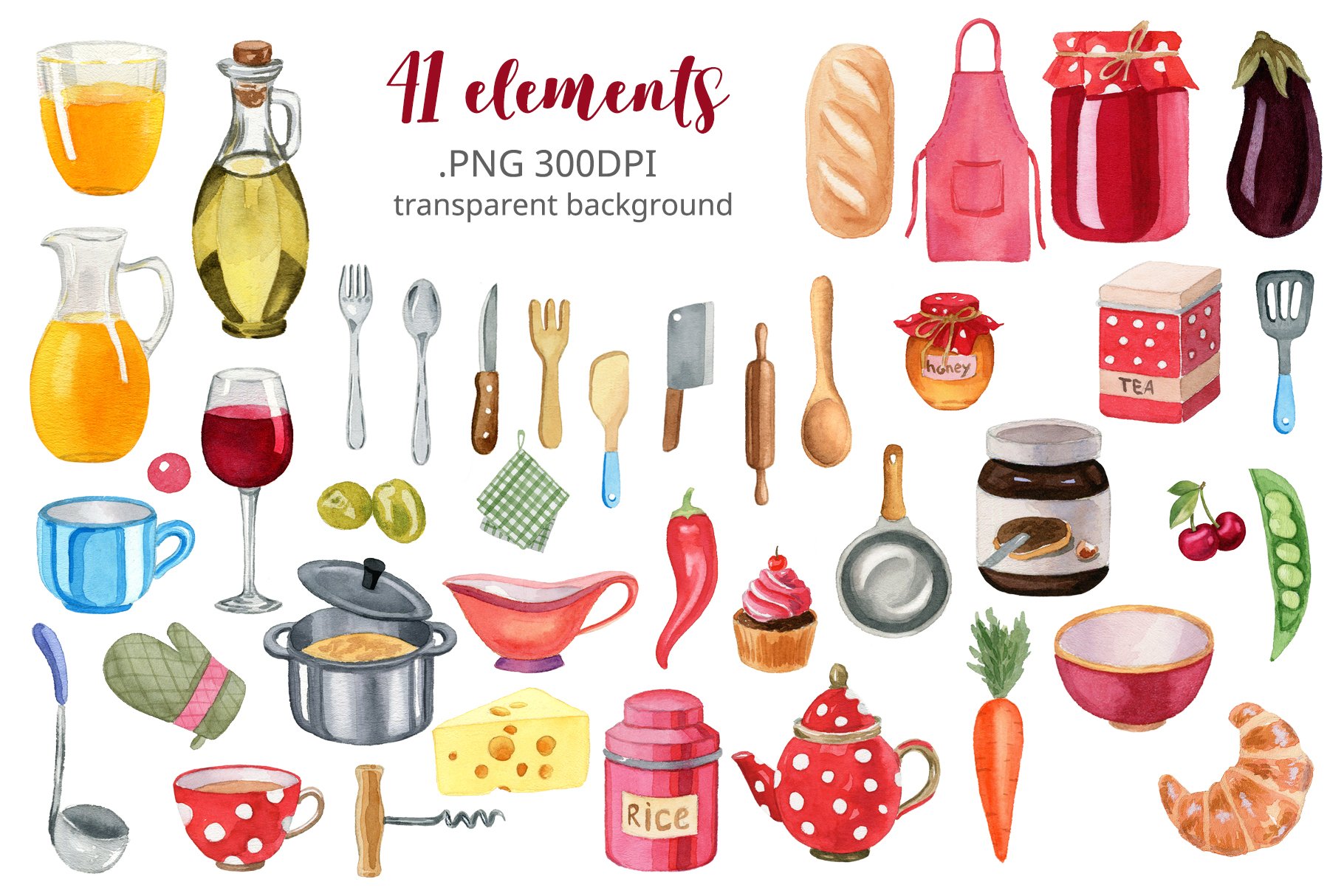 Watercolor Kitchen Accessories Set (130758) | Illustrations | Design ...
