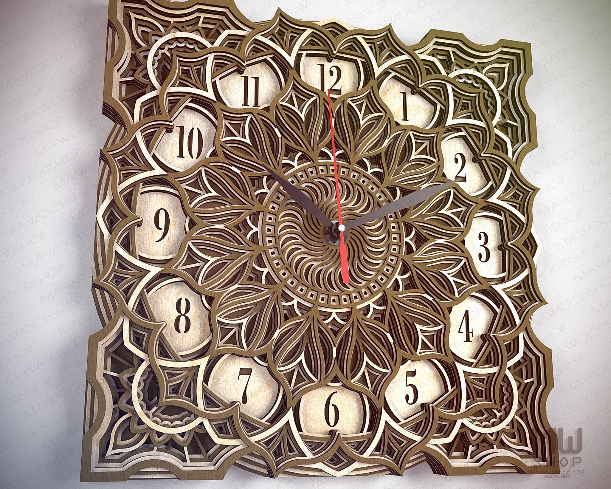 C40 - Wall Clock for Laser cut, Mandala Clock DXF pattern (1058804 ...