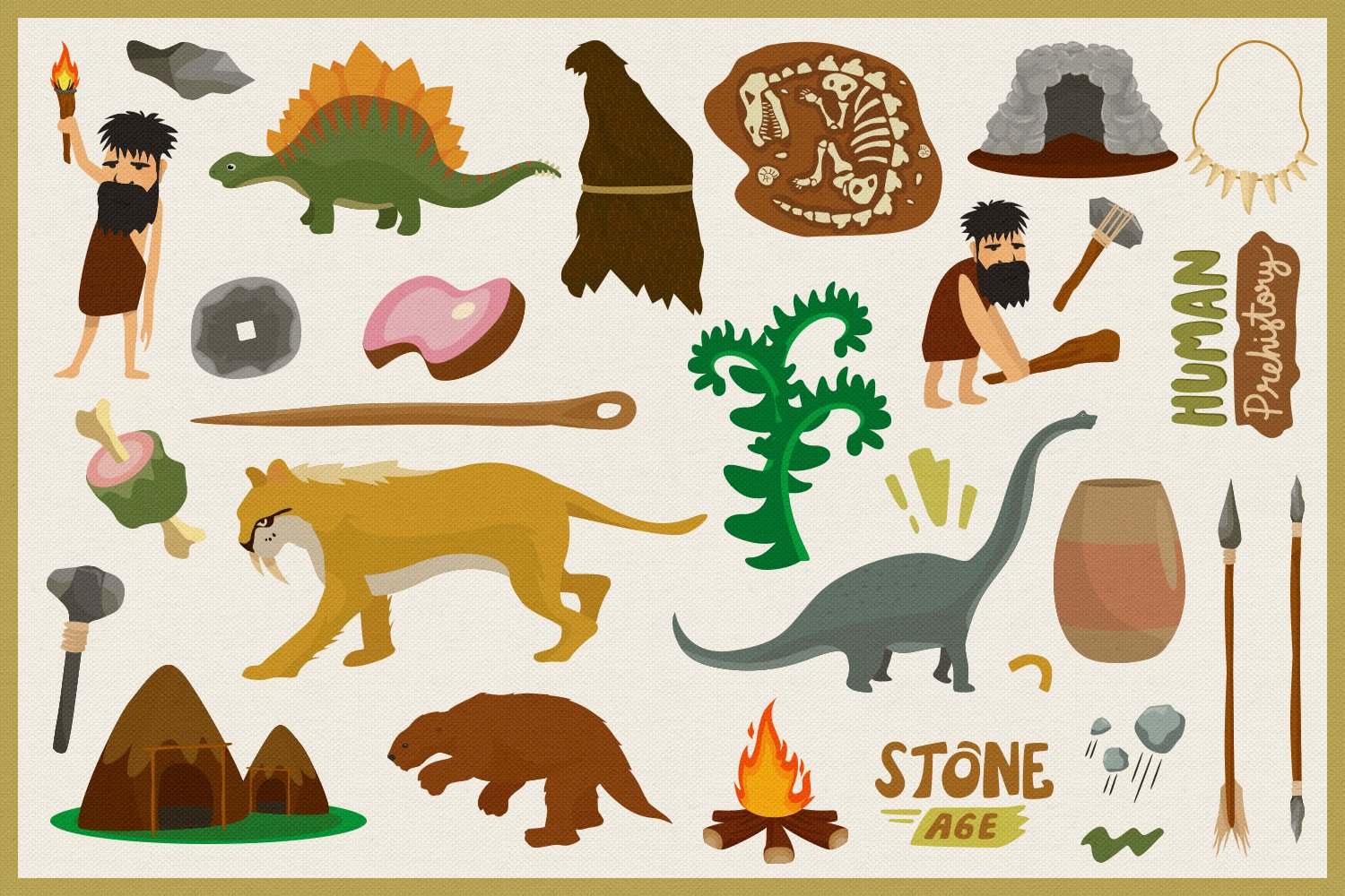 Human Prehistory Vector Clipart and Seamless Pattern