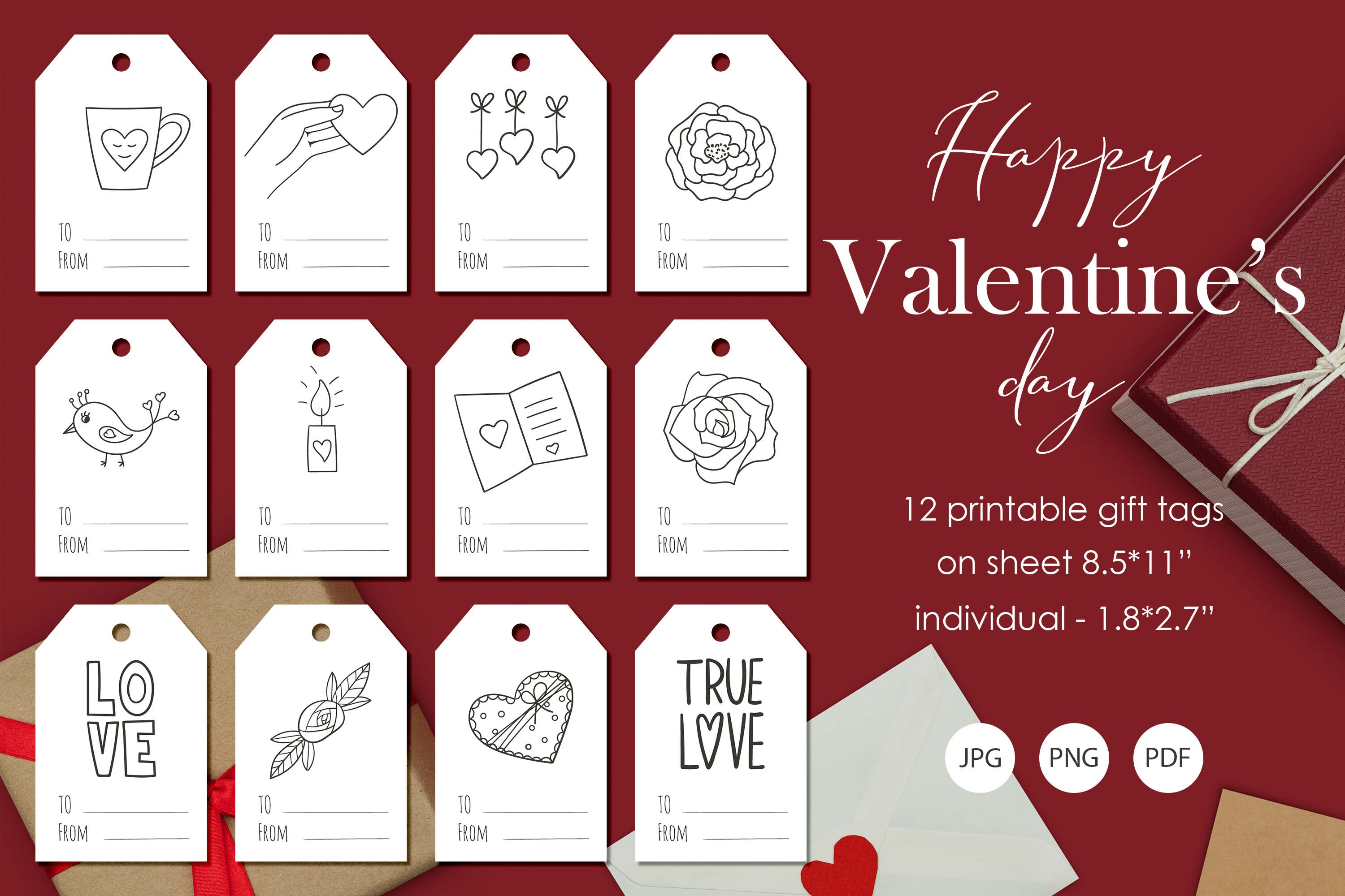 Valentines day gift tags with cute doodle illustrations