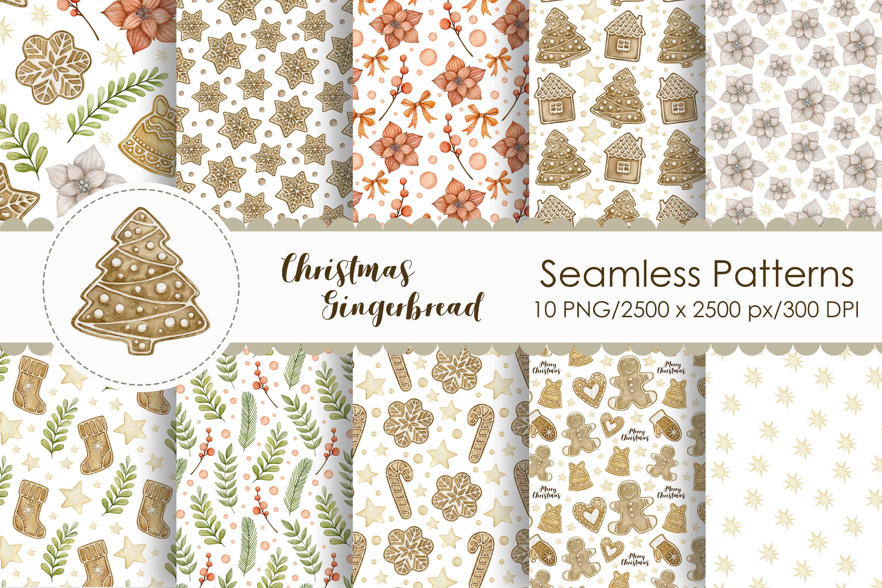 Watercolor Christmas Gingerbread Seamless Patterns. (2270463 ...