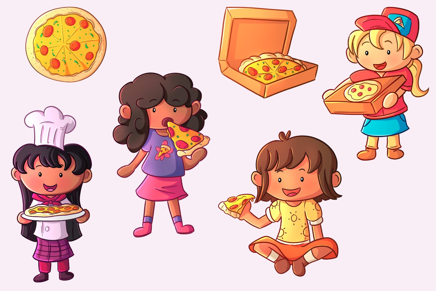 Pizza Party Girls Clip Art Collection (540821) | Illustrations | Design ...