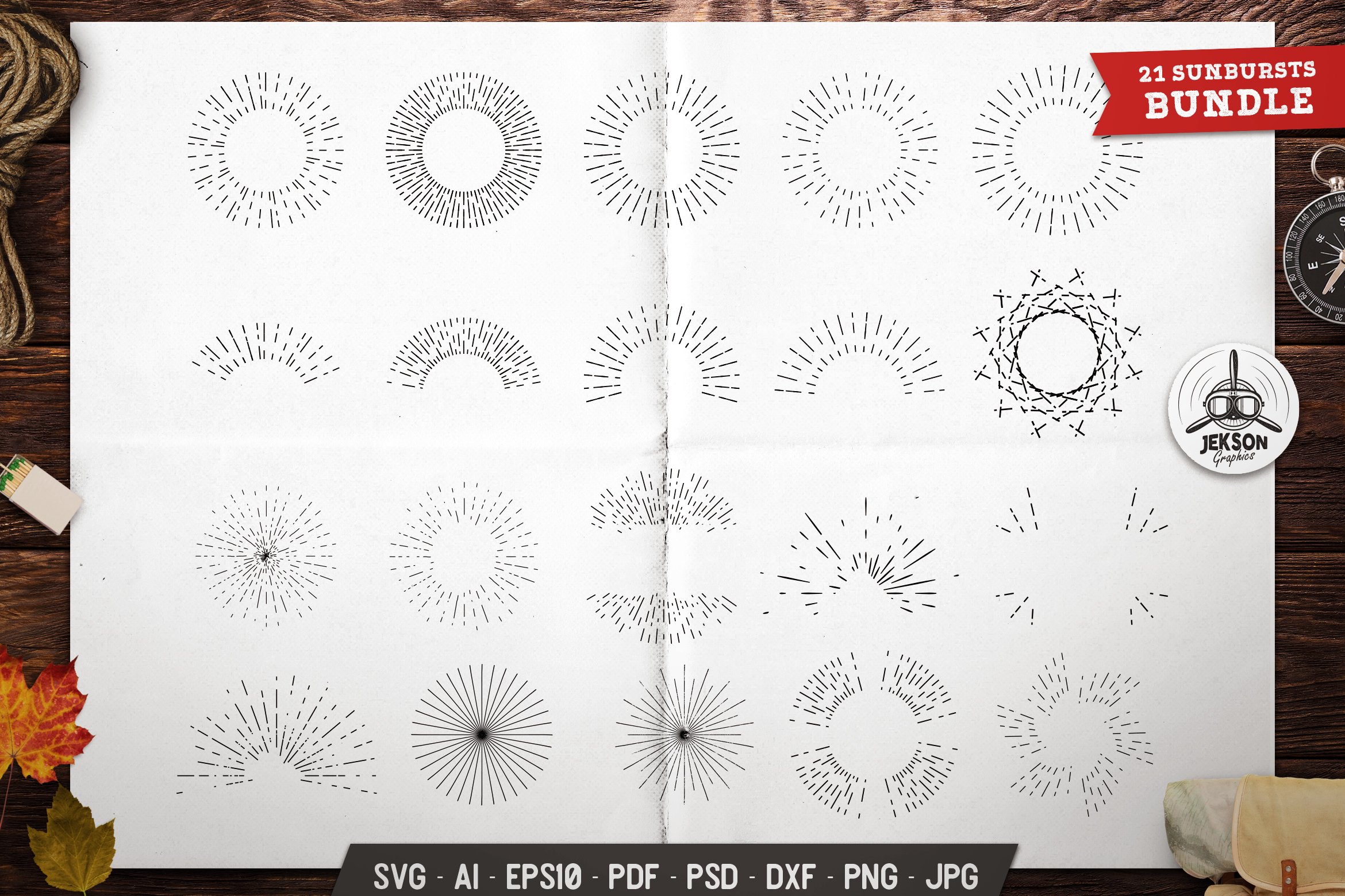 Sunburst Icons Set Silhouette, Line Vector Graphic SVG Cuts (642481 ...