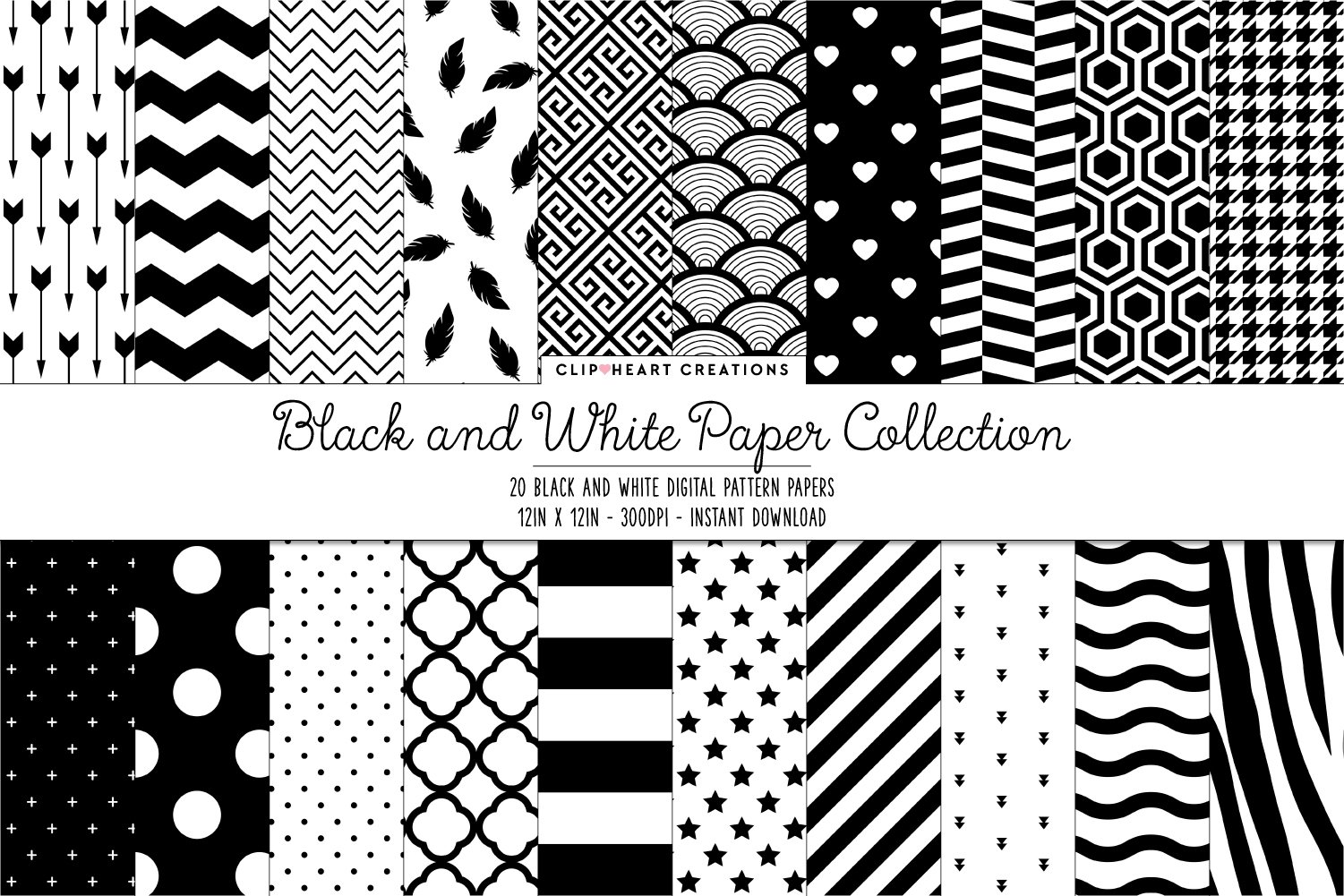 Black & White Pattern Digital Papers - 20 papers (129200) | Backgrounds ...