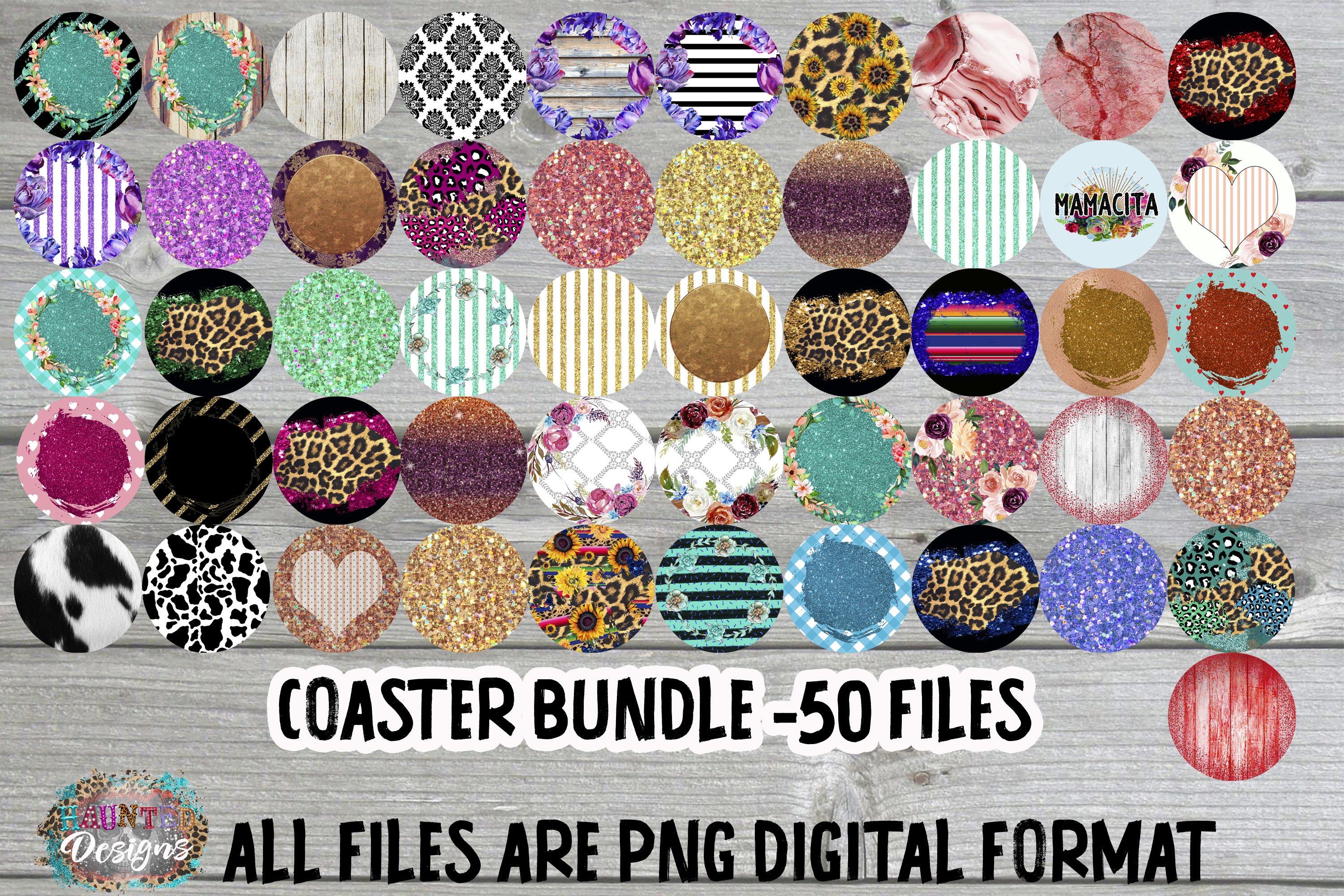 Set Of 4 Monogram Floral Car Coaster Sublimation Templates PNG JPEG 