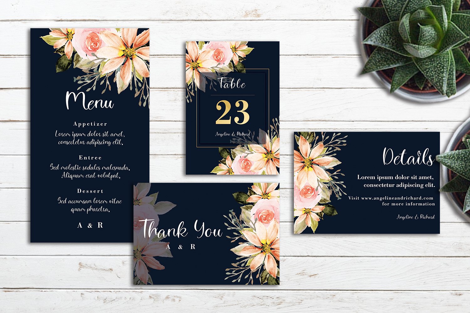 Elegant Vintage Floral Watercolor Wedding Invitation Set