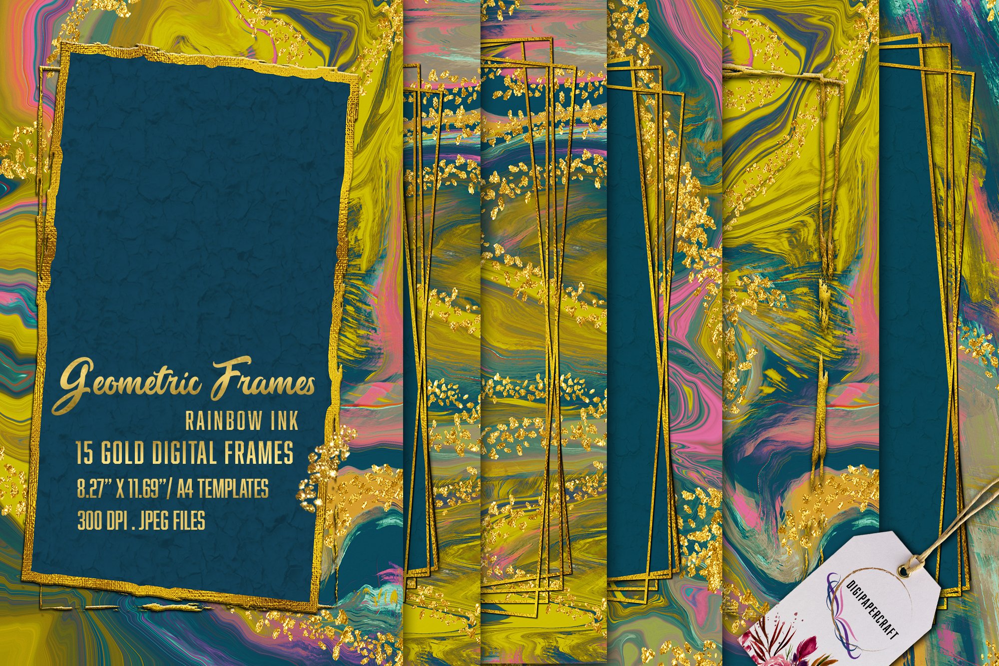 Geometric gold frames, Rainbow ink borders, Digital frames (829589 ...