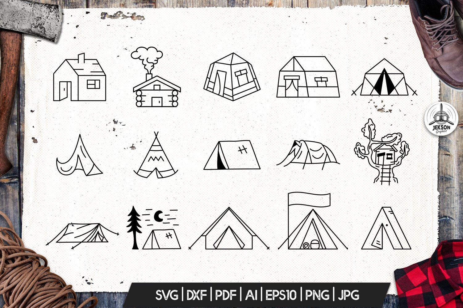 Camping Tent Set Adventure Line Art Vector Graphic SVG PNG (571780 ...