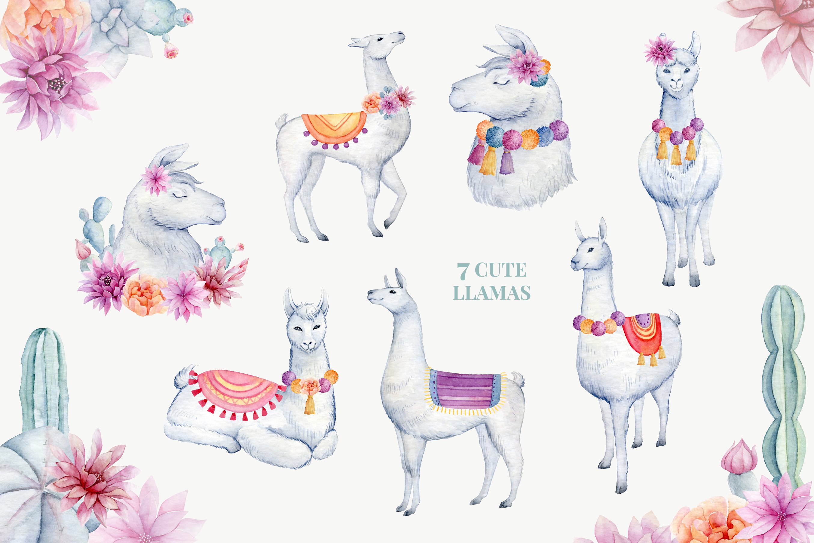 Watercolor Llama Clipart. Boho Alpacas with Cacti (846573) | Elements ...
