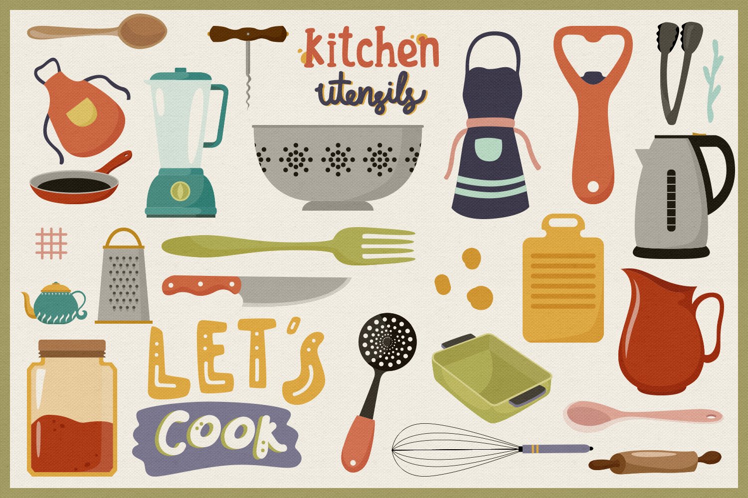 Kitchen Utensils Vector Clipart and Seamless Pattern