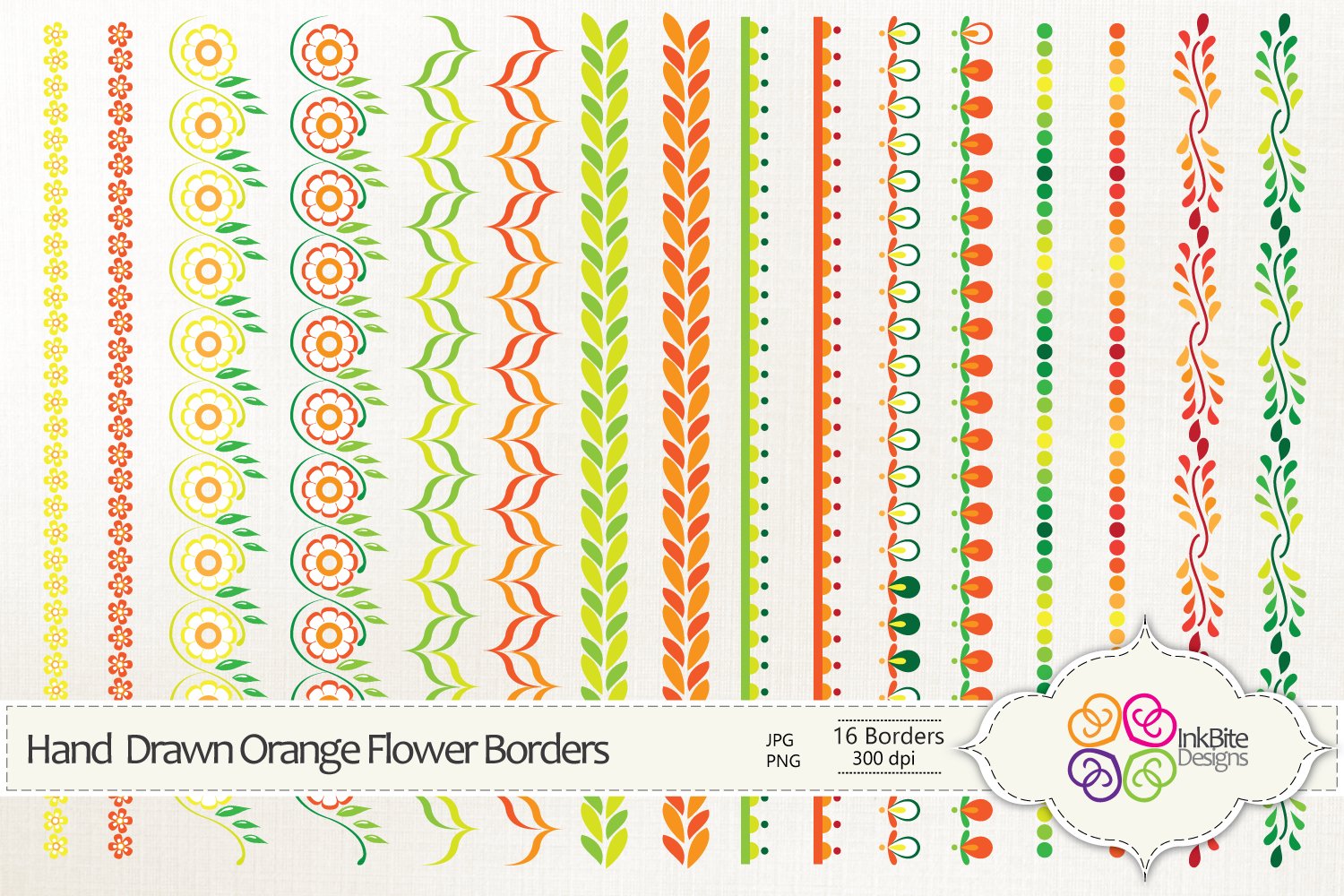 Hand Drawn Orange Flowers Borders (102493) | Decorations | Design Bundles