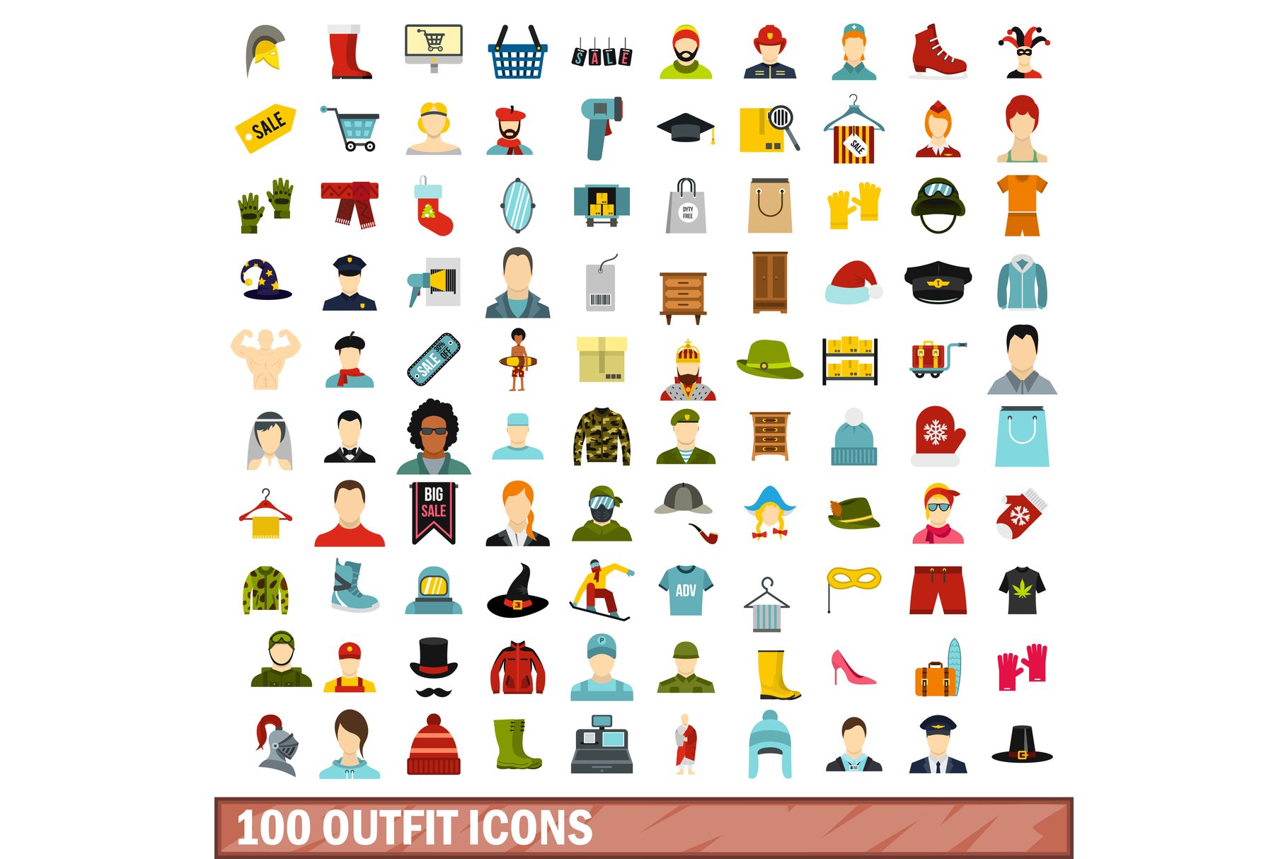 100 outfit icons set, flat style (309682) | Icons | Design Bundles