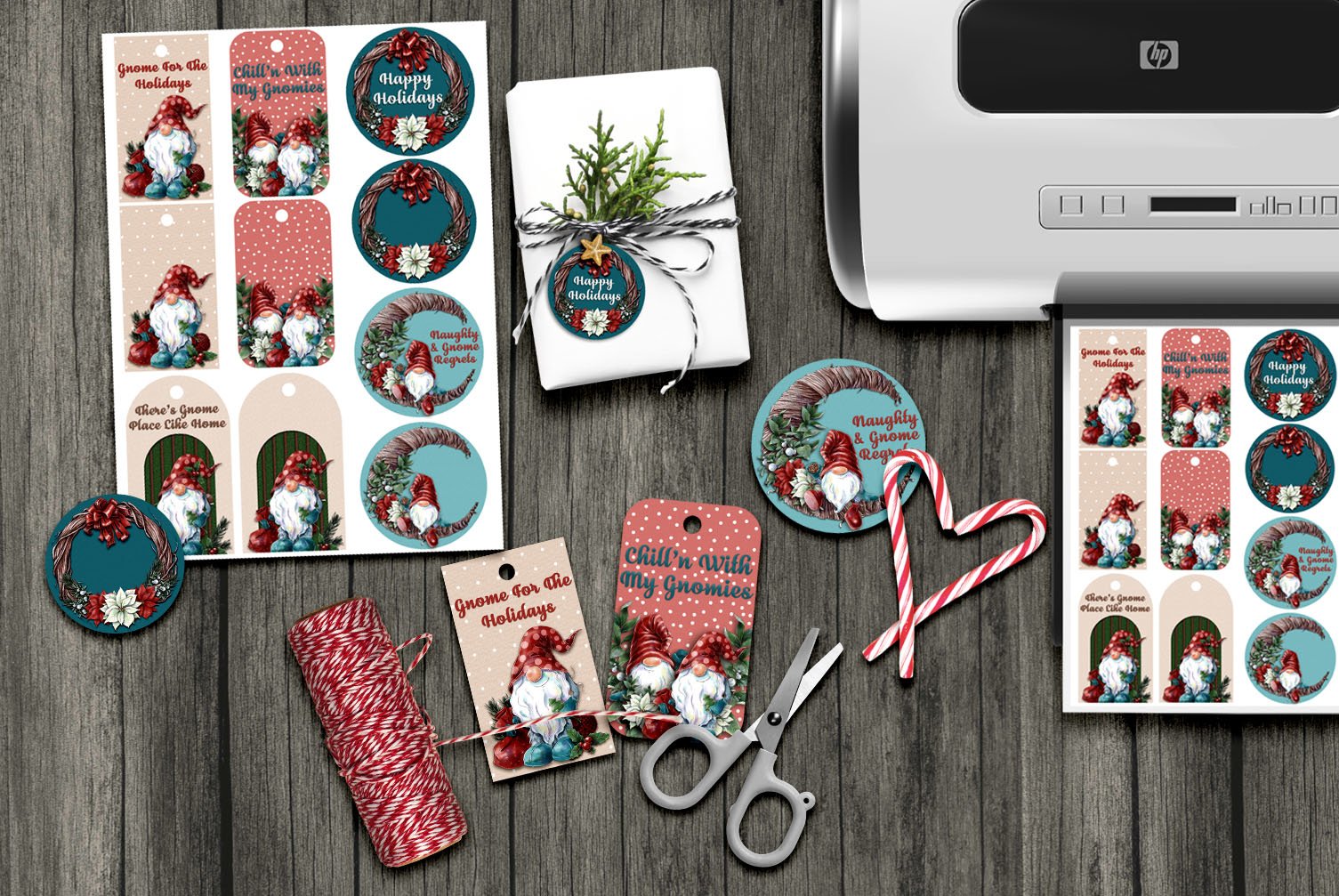 Printable Holiday Gnome Tags (1059338) | Other | Design Bundles