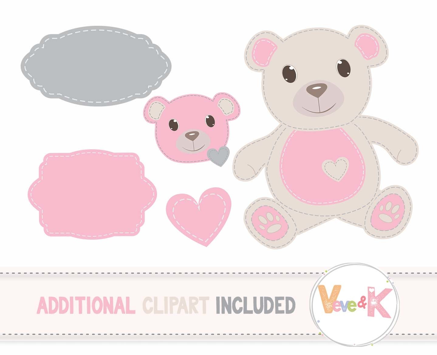 Pink Teddy Bear Digital Papers, Stitched Bear Clipart, Baby Pink Paper ...