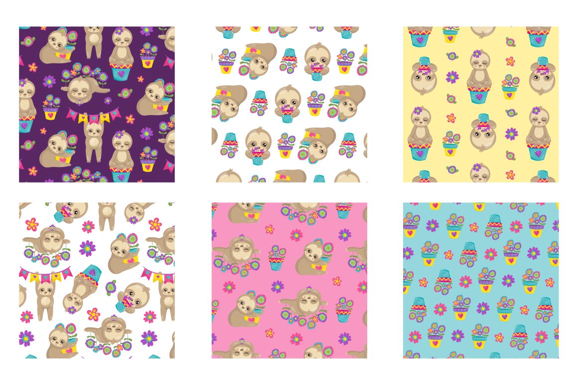 Sweet Spring Sloths Patterns and illustrations, vector