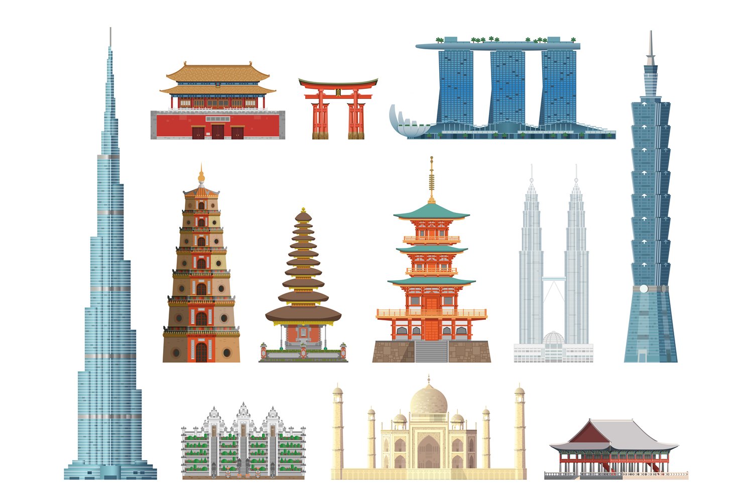 Asian landmarks. Flat color historical city buildings and co (1103013 ...