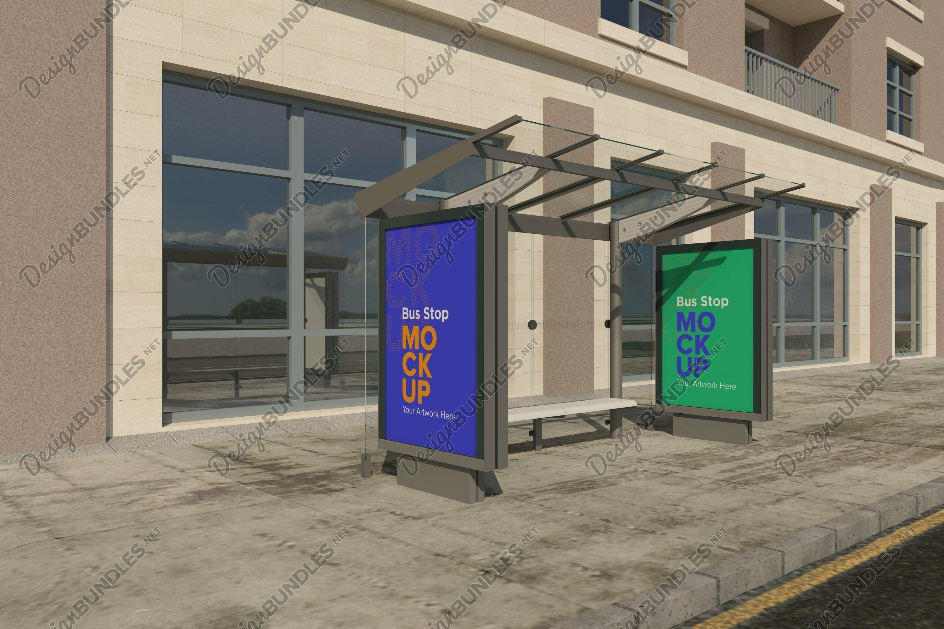 Bus Stop with 2 Signage Mockup (1846665) | Branding | Design Bundles