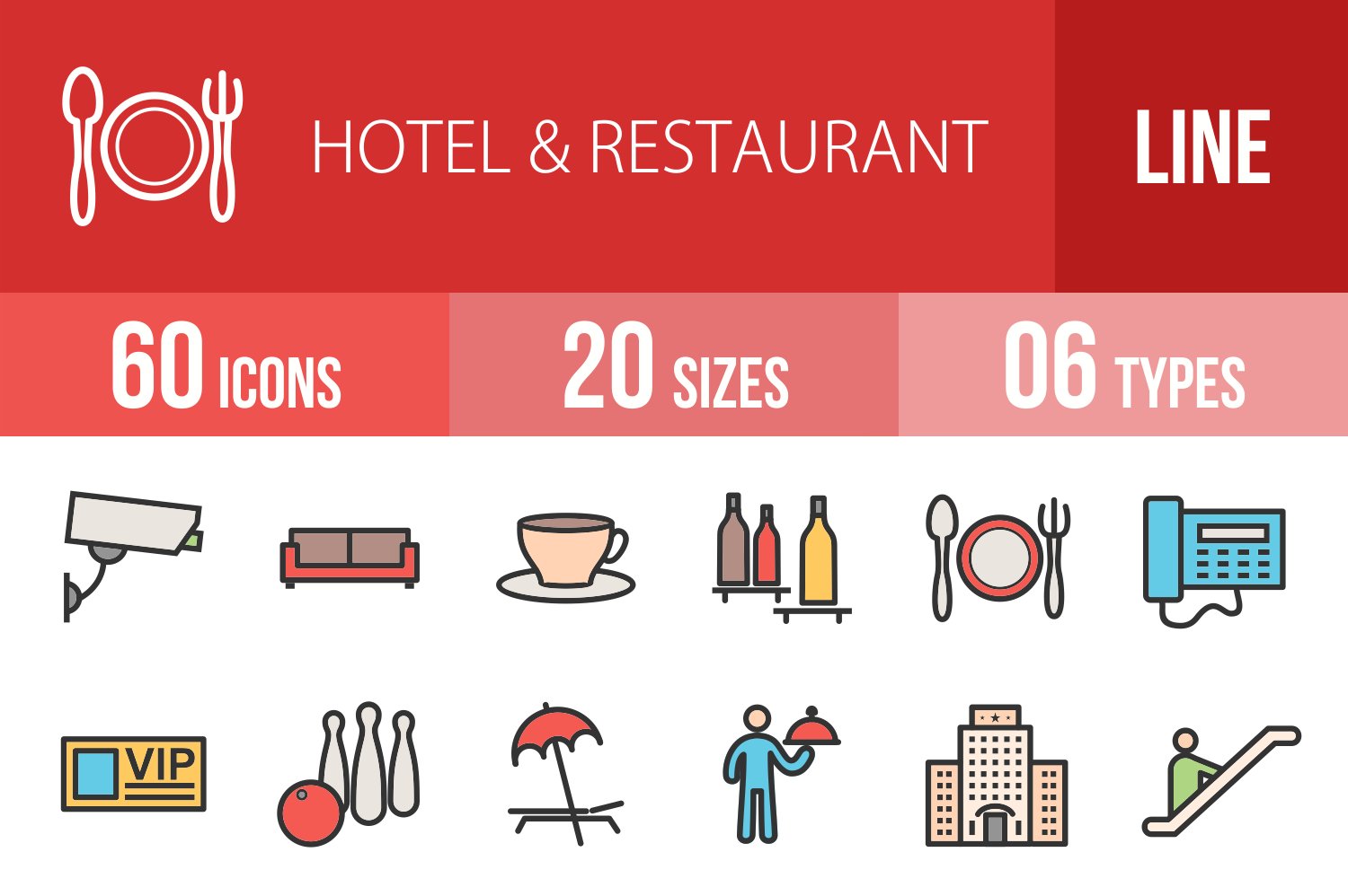 60 Hotel & Restaurant Linear Multicolor Icons (46702) | Icons | Design ...