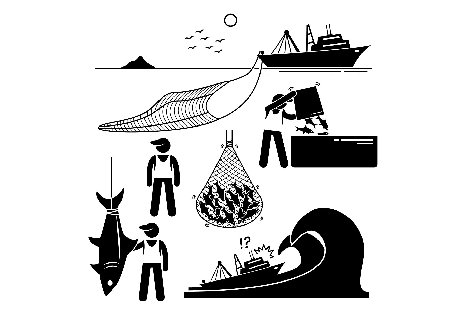 Fisherman Fishery Industry Trawler Net Catching Fish Icons (755517 ...