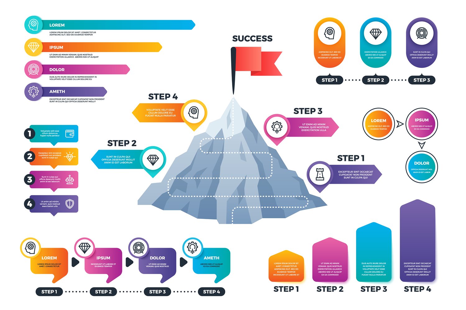 Steps to success infographics. Mountain graph with levels, a (912810 ...