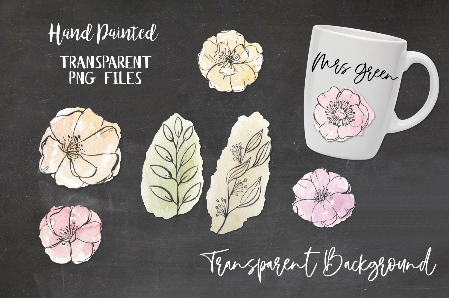 Outline Floral Watercolor Elements 15 Painted Black Florals