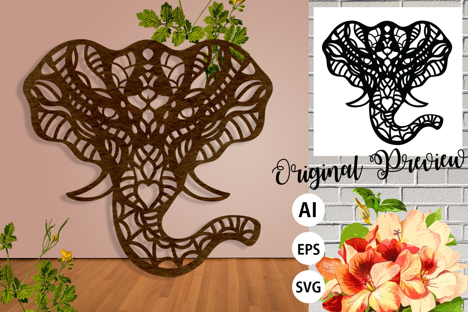 Papercut Elephant Mandala, Elephant Head Paper Cut Template