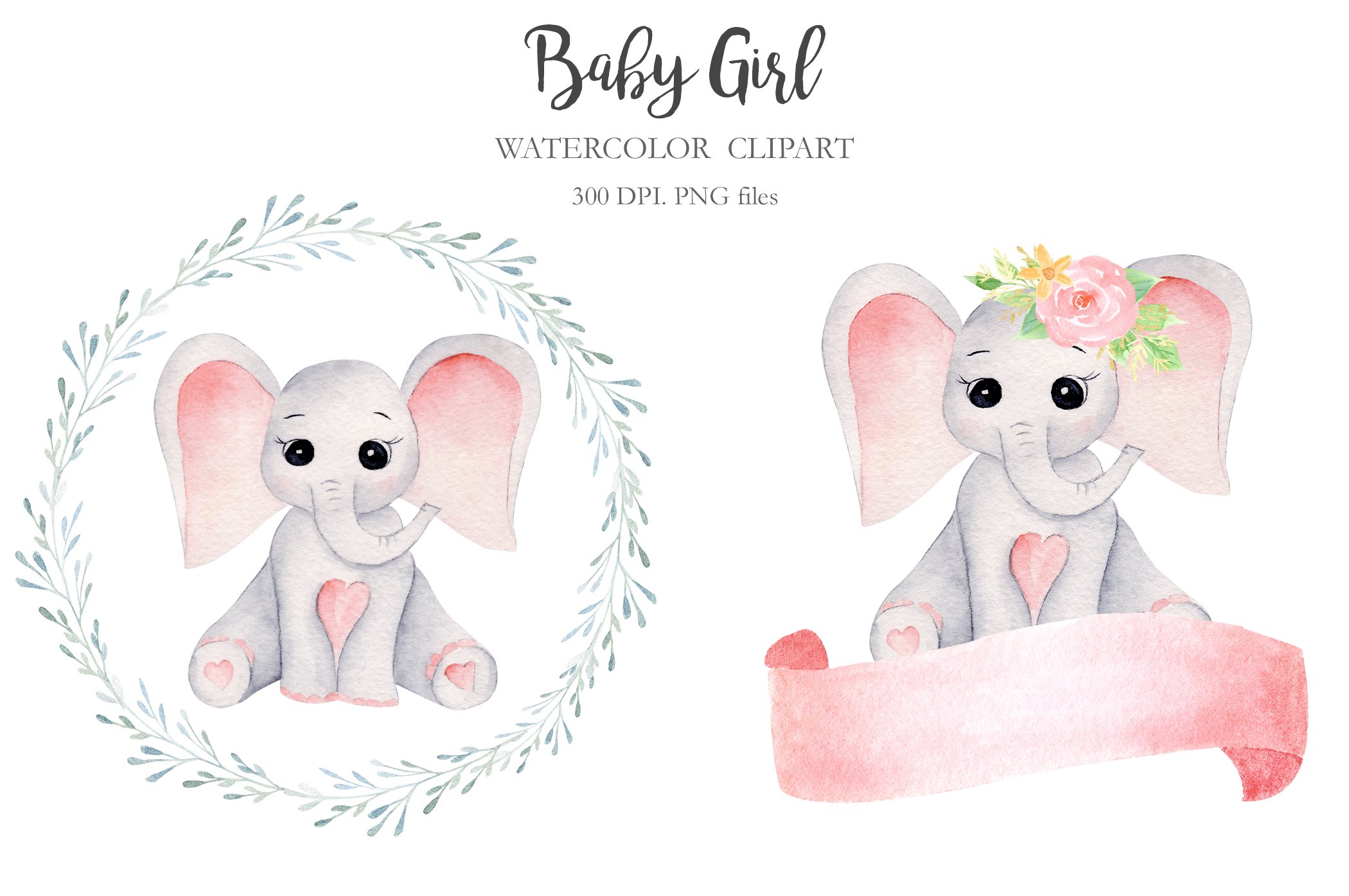 Watercolor Baby Girl Elephants Collection (683932) | Illustrations ...