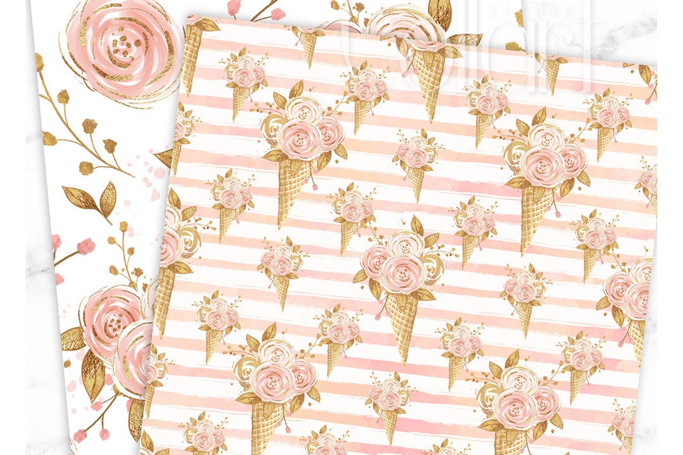 Floral Digital Paper Pack, Rose gold Flowers Planner Sticker (785325 ...