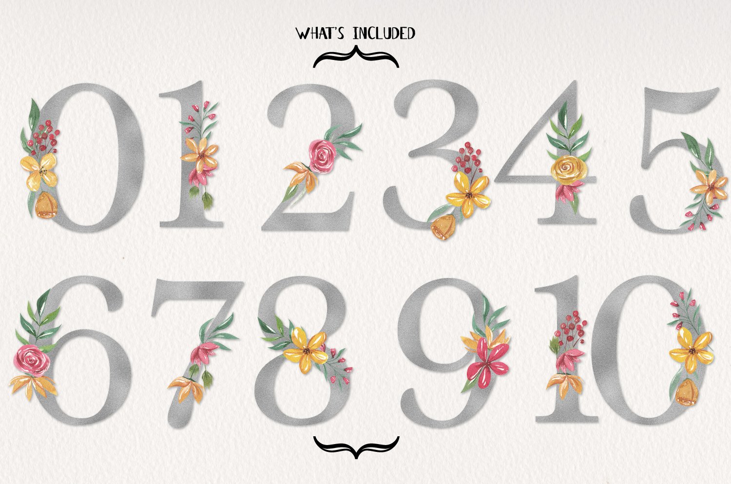 Watercolor Floral Numbers Elements Flowers Zero - Ten Silver