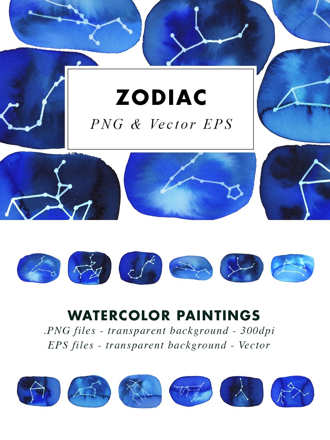Watercolor Zodiac Constellations Clip Art PNG & EPS Vector