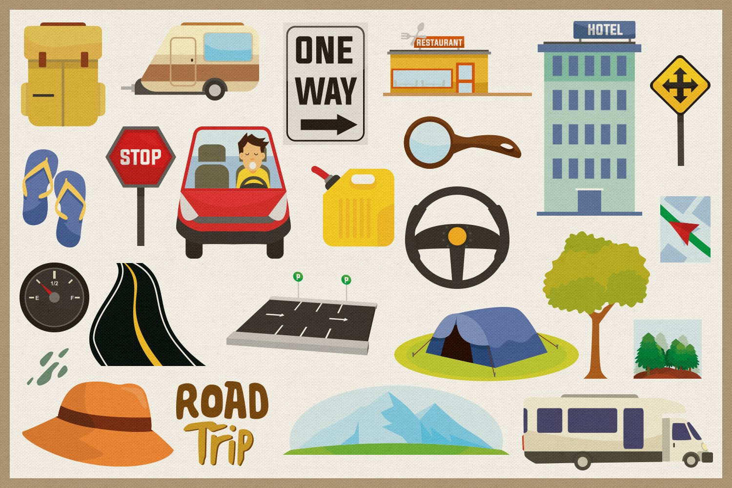 Road Trip Vector Clipart and Seamless Pattern