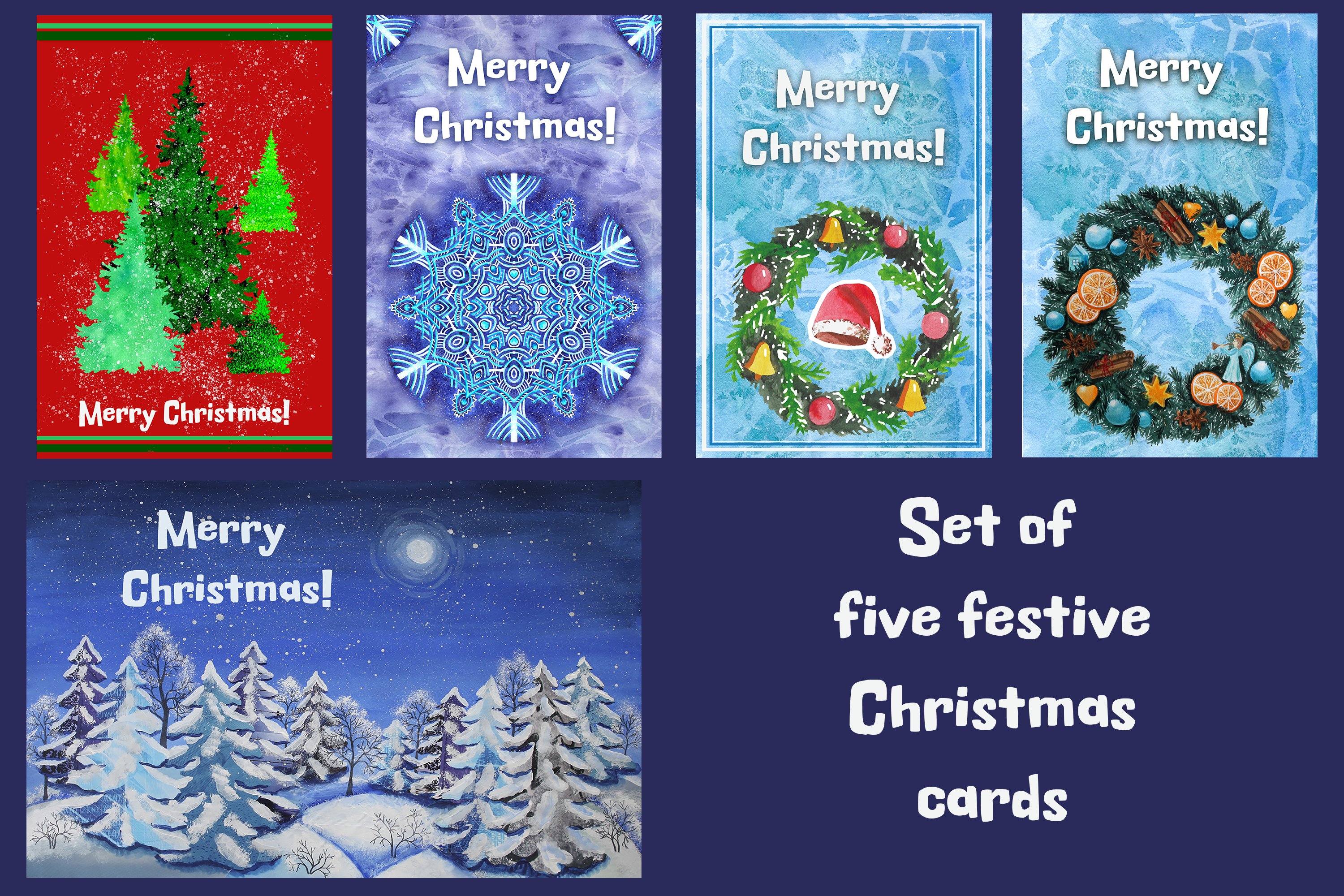 Set of five watercolor Christmas cards (1022713) | Illustrations ...