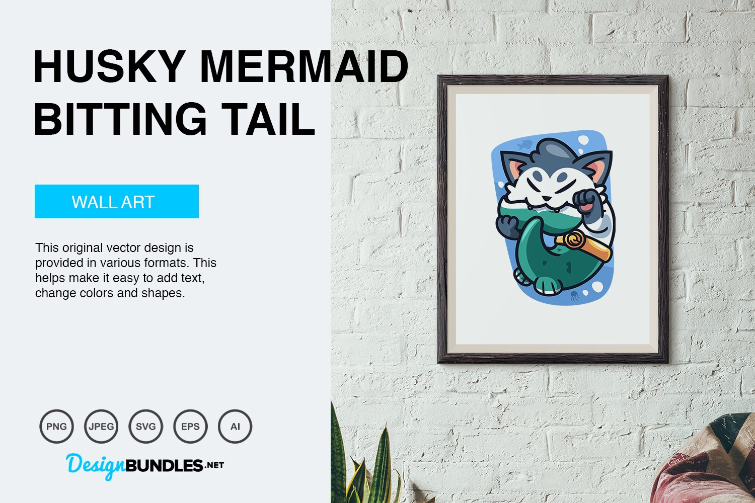 Husky Mermaid Bitting Tail Vector Illustration