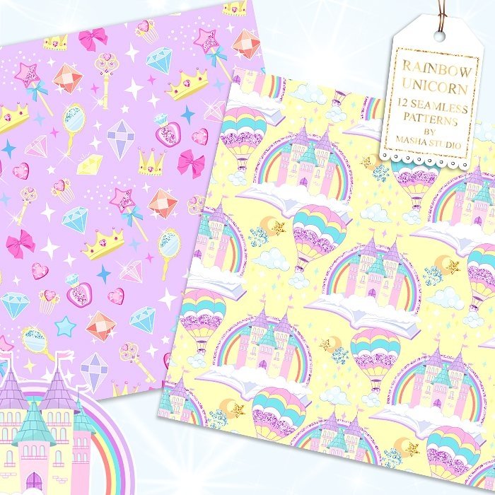 RAINBOW UNICORN digital paper pack (83677) | Patterns | Design Bundles