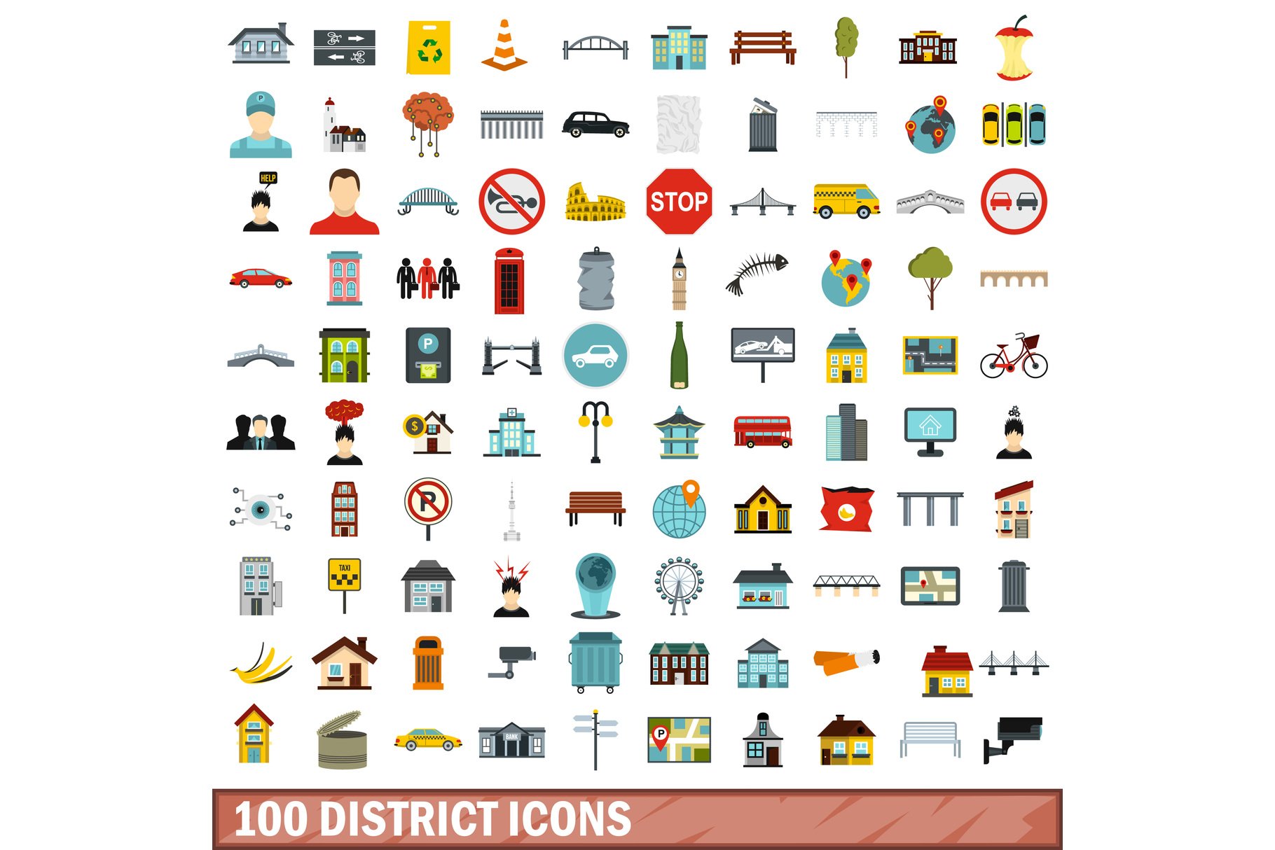 100 district icons set, flat style (309526) | Icons | Design Bundles