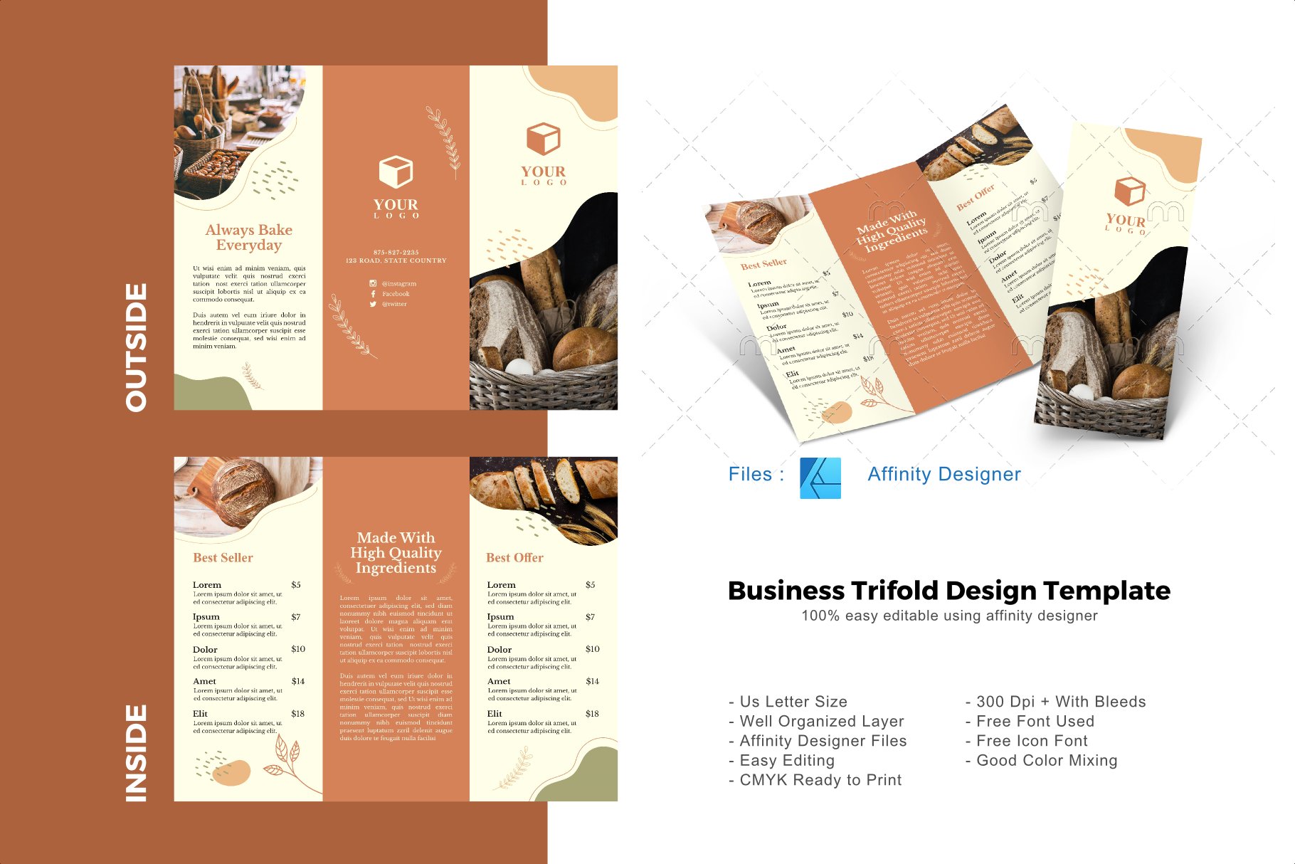 Bakery restaurant trifold brochure design template (671983) | Brochures ...