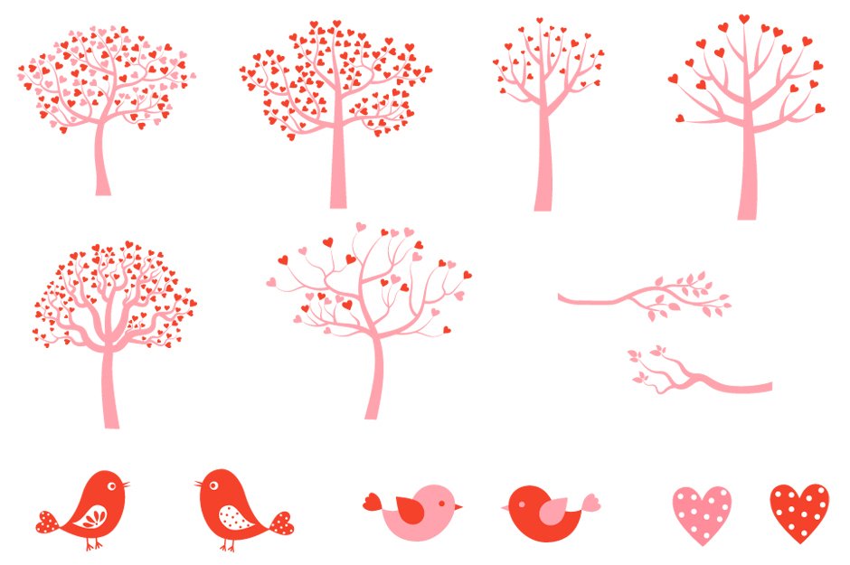 Love pink and red birds and trees with heart leaves clipart (262343 ...