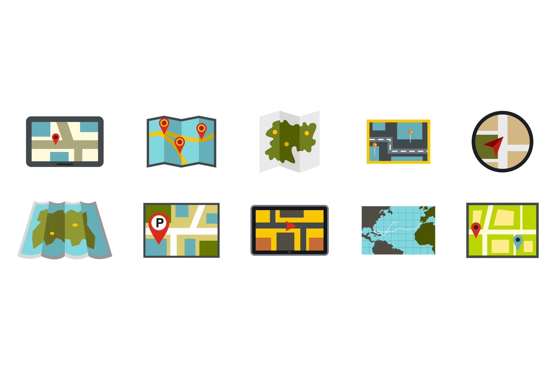 Map icon set, flat style (389903) | Icons | Design Bundles