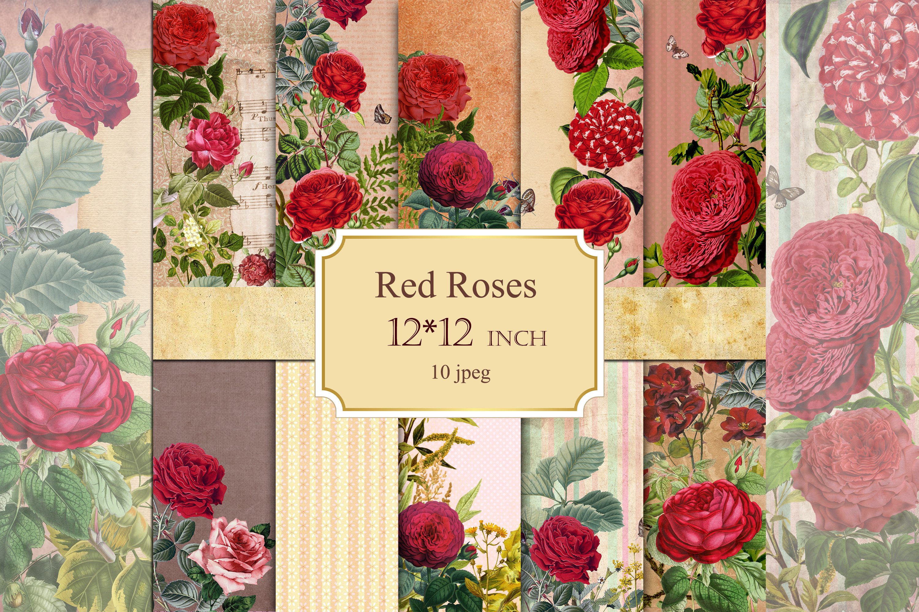 Vintage Red Roses Digital Paper, scrapbook paper (1413061) | Patterns ...