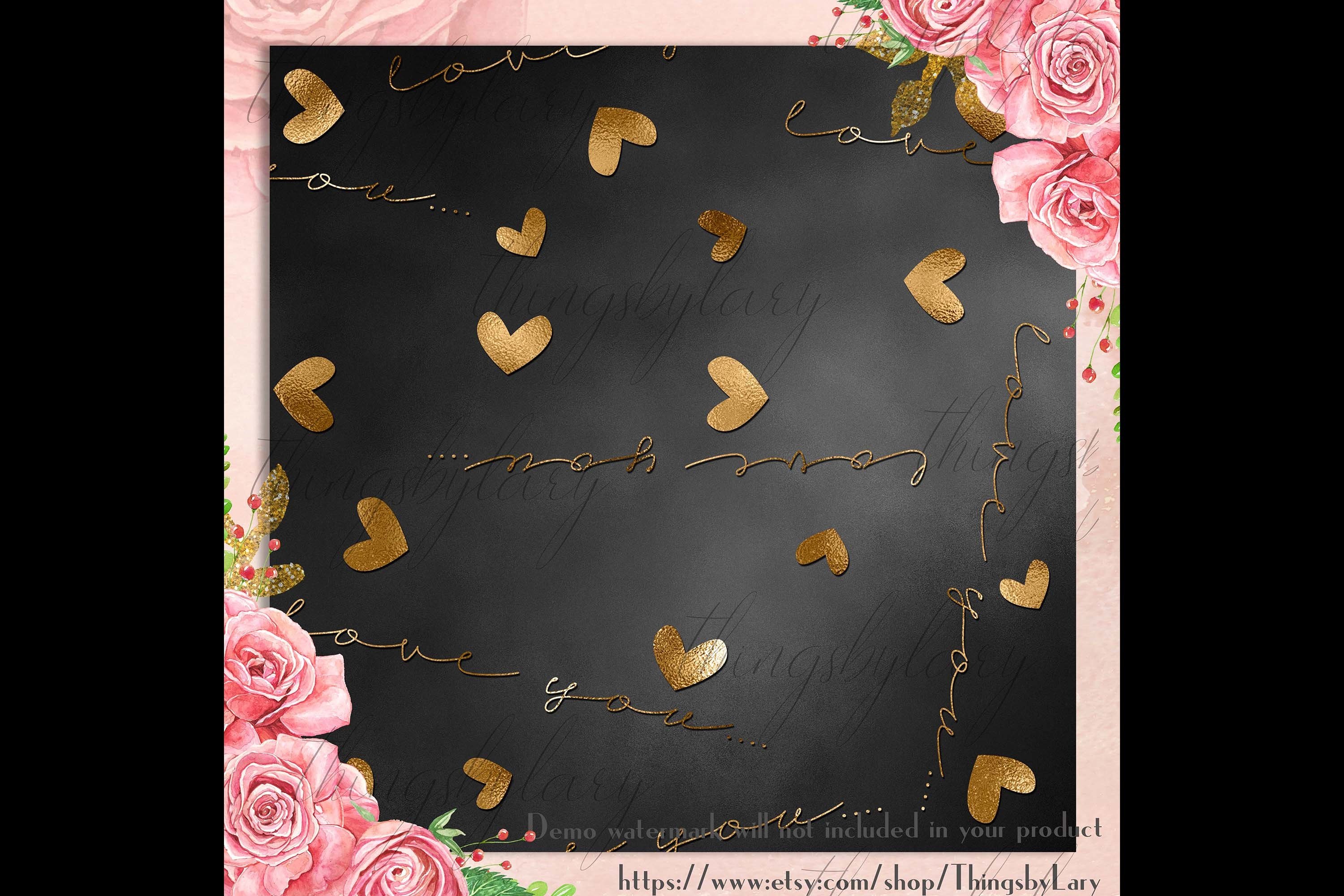 30 Black and Gold Valentine Love Heart Digital Papers Card (189478 ...