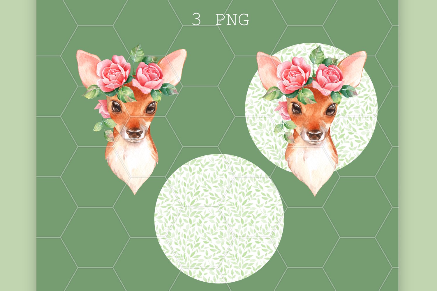 Fawn with pink roses. Clipart (1115658) | Illustrations | Design Bundles