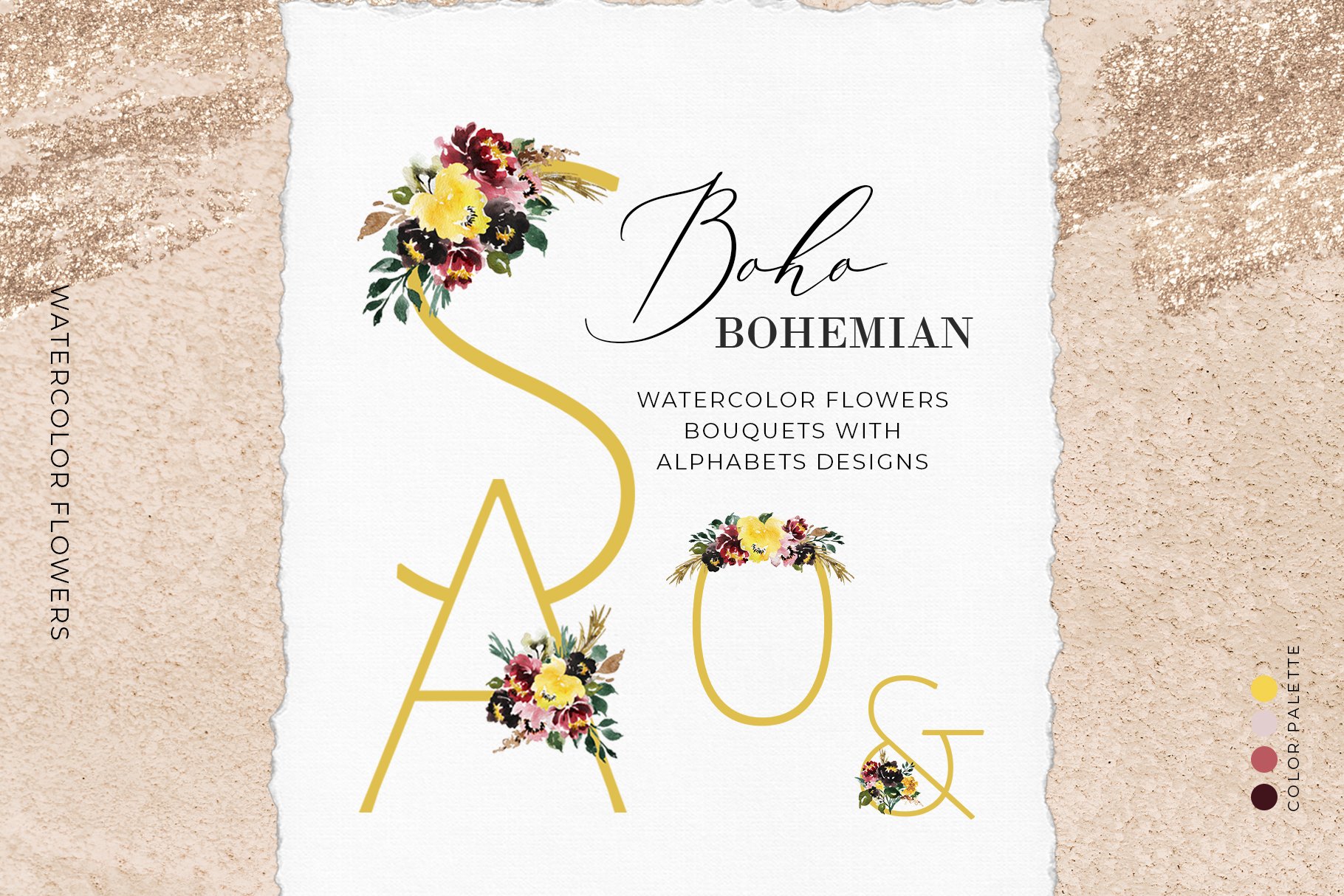 Watercolor Alphabets Monogram Gold Alphabet Flower Letters (1110925 ...