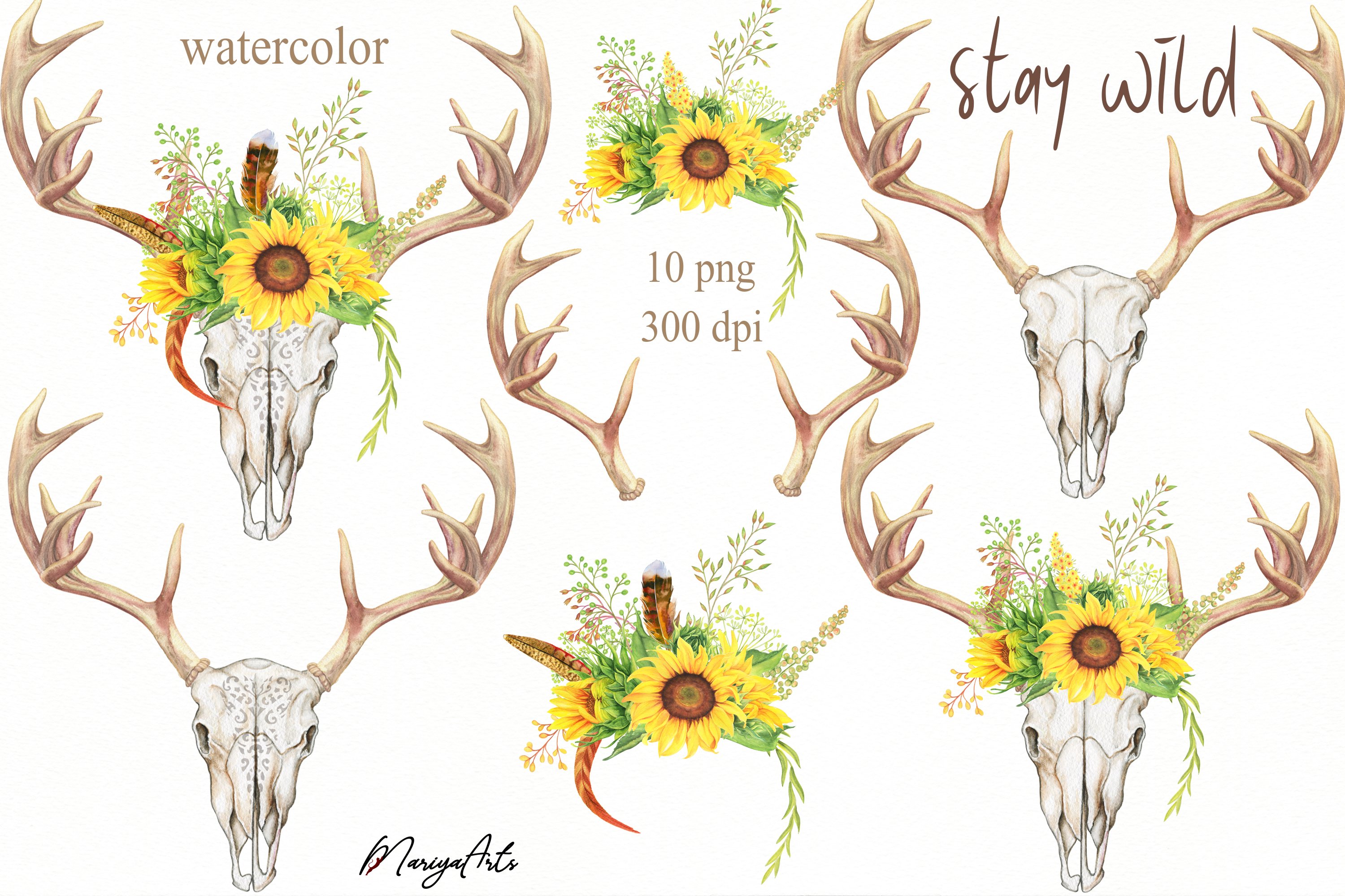 Deer Skull and Antlers with Sunflowers Bouquet, Watercolor (749275) | Illustrations | Design Bundles