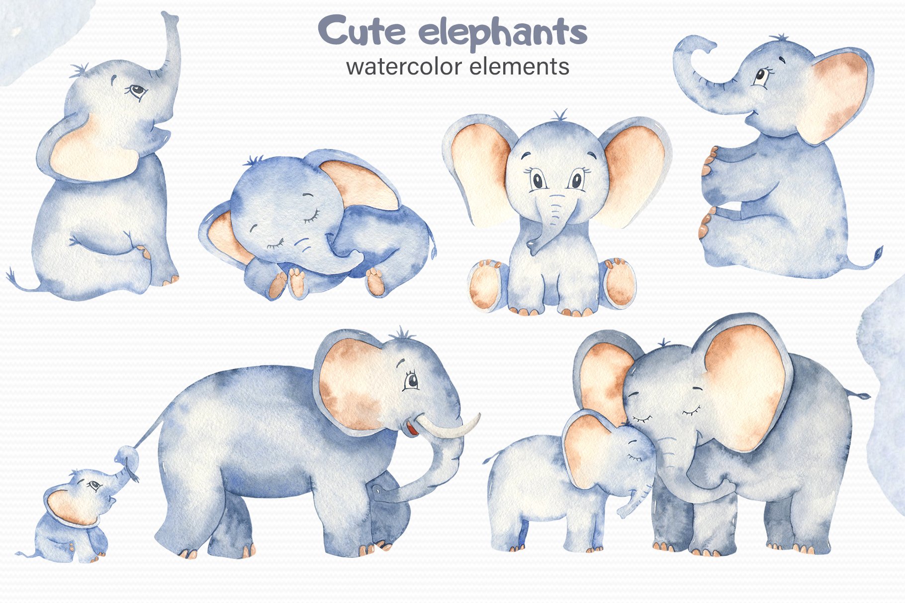 Cute elephants watercolor collection clipart (407352) | Illustrations ...