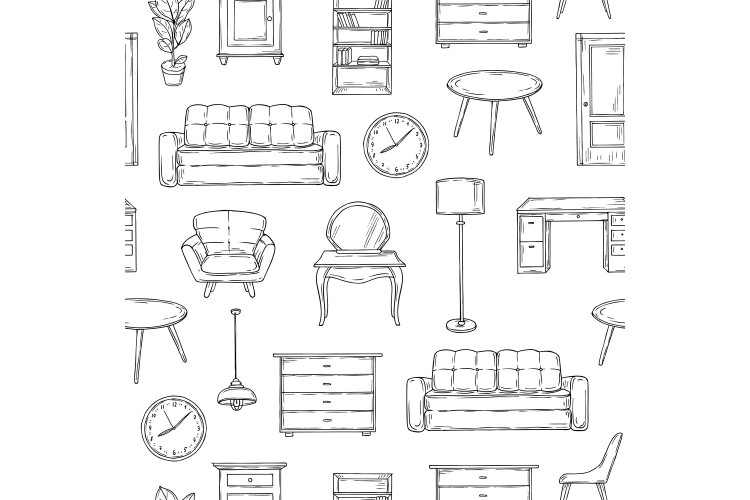 Sketch furniture pattern. Living room doodle vintage interio (1188784 ...