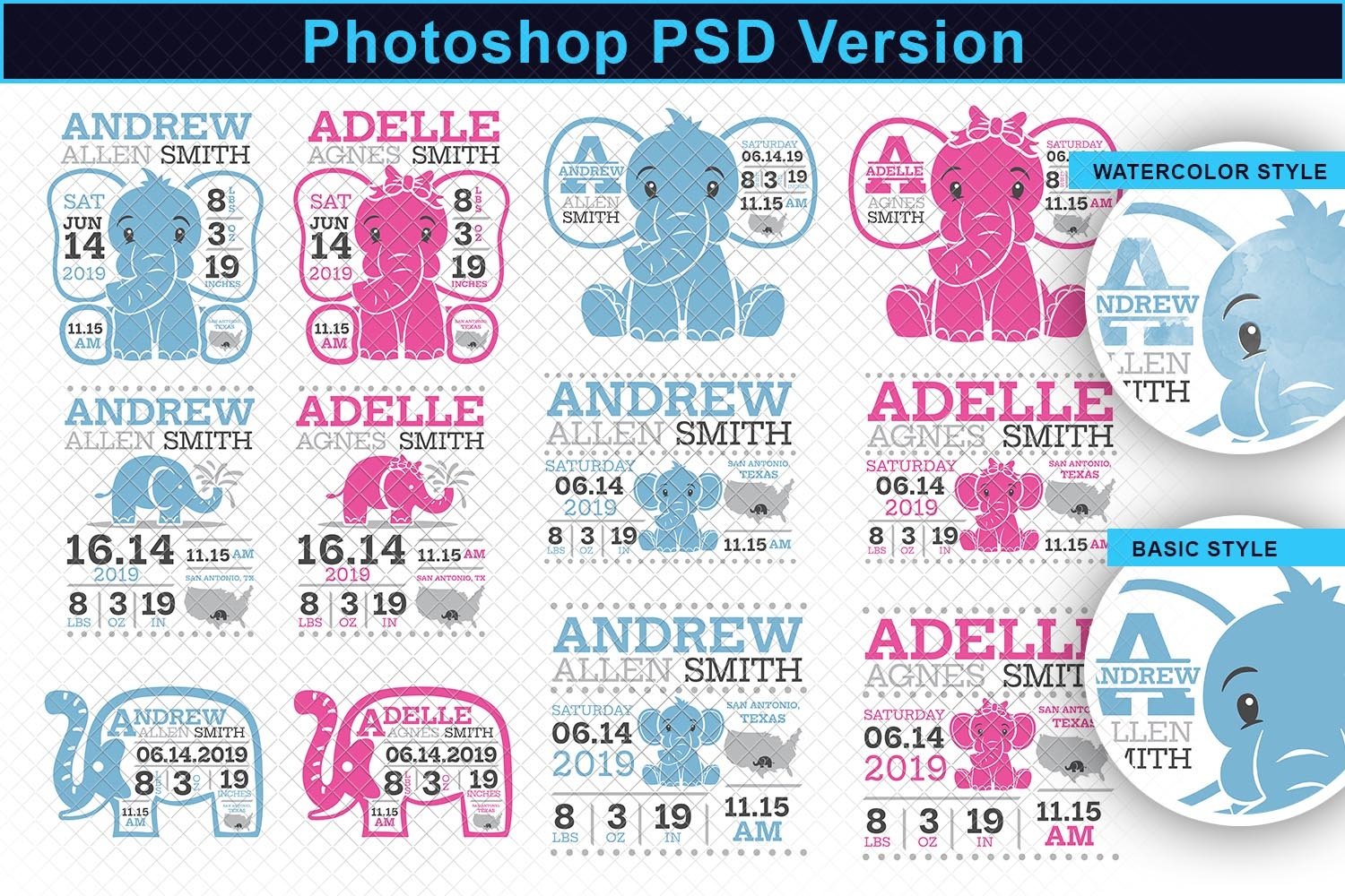 Elephant Birth Stats Announcement PSD Template Watercolor (458556 ...